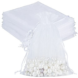 HRX Package 100pcs Sheer Organza Bags White, 6 x 9 inches Christmas Wedding Shower Party Favors Gift Drawstring Bags Large Mesh Jewelry Pouches