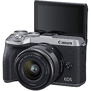 M6 Mark II Mirrorless Digital Camera with 15-45mm Lens (Silver) vlogging Bundle, 500mm f/8.0 Preset Manual Focus Lens, Travel Kit with Accessories (Extra Battery, Flash, 64Gb Memory +More)