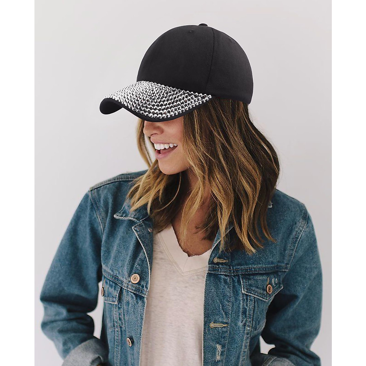 Ztl Womens Studded Rhinestone Baseball Cap Dad Trucker Hat Sparkle Bling Sun Hat A - Black