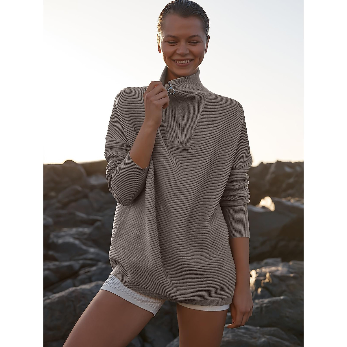 ANRABESS Women Quarter Zip Oversized Casual Loose Rib Knit Cozy Pullover Sweaters Top 2025 Fall Fashion Outfits Clothes Gray Coffee Medium