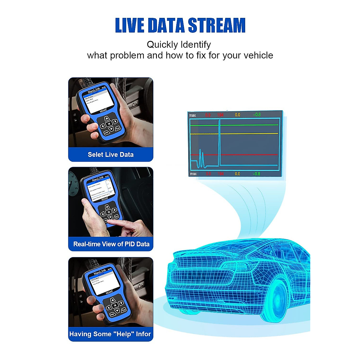 NEXAS NL101 OBD2 Scanner Diagnostic Tool & Battery Tester, Check Car Engine Light Code Reader Scan Tool with Full OBDII Function Live Data Stream for All Vehicles, Free Protective Case & Update