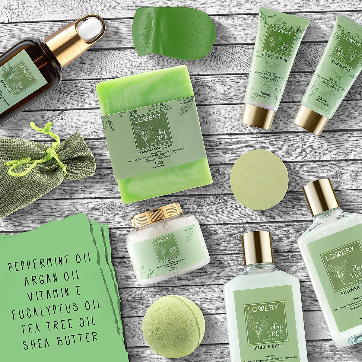 Tea Tree Bath Set - Luxury Home Spa Set with Calming Mint Fragrance – 15 pc Relaxation Gift Basket with Tea Tree Bath Oil,Shower Gel, Bubble Bath, Handmade Soap, Steamer Tablet, Potpourri & More