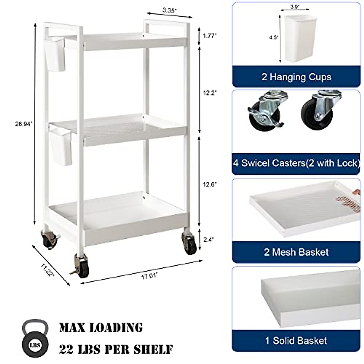 STEEHOOM 3 Tier Utility Rolling Cart, Metal Rolling Storage Cart with Locking Wheels Kitchen Cart with 2 Small Hanging Cups for Bathroom, Office, Balcony, Library, Living Room (White)