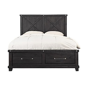 Benjara Liu California King Storage Bed, Crossed Panel, Dark Gray Wood, 2 Drawers