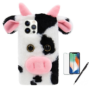 Girlyard Milk Cow Case for iPhone 8 Plus / 7 Plus, Cute 3D Cartoon Dairy Cattle Fluffy Hairy Silicone Cover Fuzzy Warm Faux Stuffed Plush Doll Soft Furry Protective Shell for Women Girls - Black