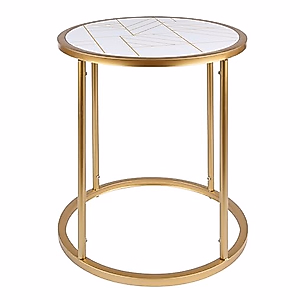 Canarm Harlo Glam End Table, Round Faux Marble & Gold, Metal Pedestal Base, 17.75" W x 21.25" H, Easy Assembly, Ideal for Living Room & Bedroom