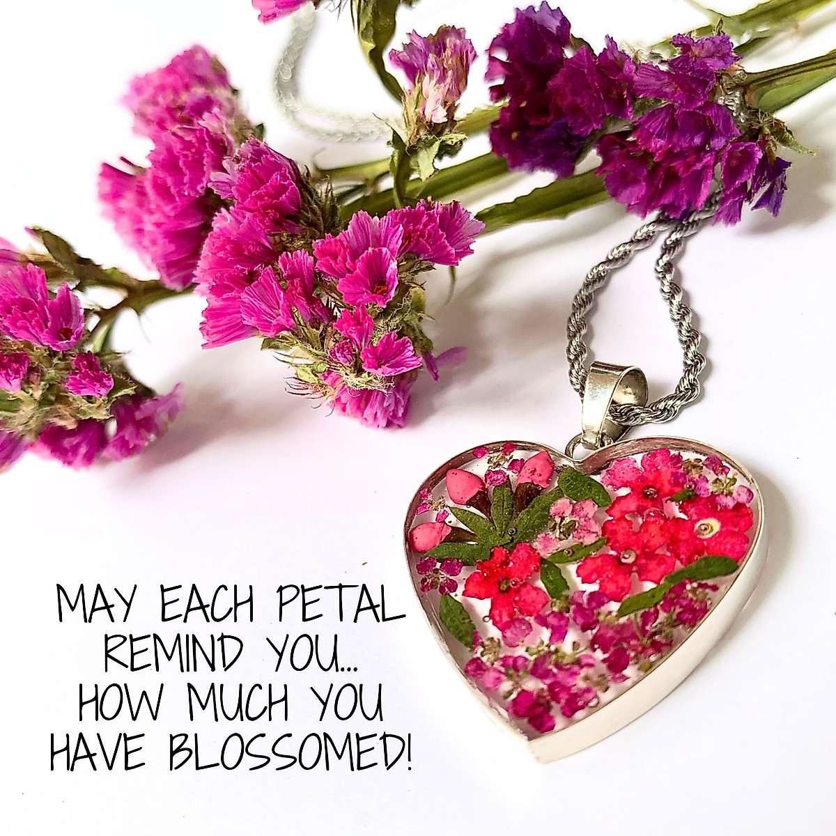 IREKUA Love Heart Necklace for Women 925 Sterling Silver Pressed Flowers Pendant with 20" Stainless Steel Chain Jewelry for Anniversary Birthday Valentines Christmas Gifts for Woman Mother Wife Mom Girlfriend Girl Lady Her with Gift Box