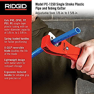 RIDGID 23488 Model PC-1250 Single Stroke Plastic Pipe and Tubing Cutter with 1/8"-1-5/8" Cutting Capacity, Red