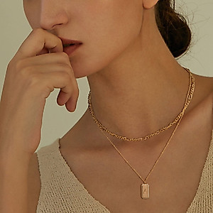 Gold Initial Necklace for Women Figaro Chain Choker Necklace Layered Necklaces Set Initial Bar Rectangle Pendant Necklaces 14K Gold Plated Simple Dainty Letter A Necklace Everyday Gold Jewelry
