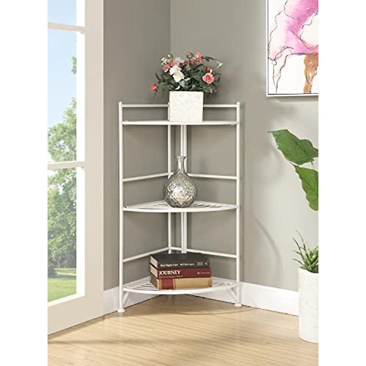 Convenience Concepts Xtra Storage 3 Tier Folding Metal Corner Shelf, White