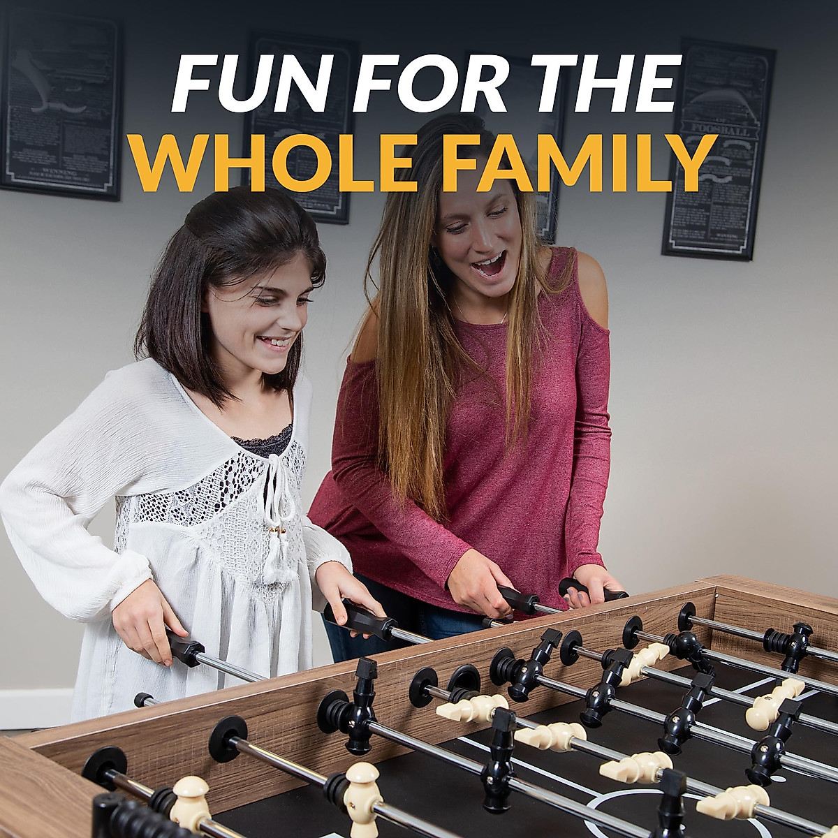 Hathaway Excalibur 54-in Foosball Table for Game Room - with Driftwood Melamine Finish, X-Pattern Base, Chrome Steel Rods, Adjustable Leg Levelers & Manual Scoring Units - Driftwood Finish