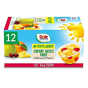 Dole Fruit Bowls Cherry Mixed Fruit in 100% Juice, Back To School, Gluten Free Healthy Snack, 4oz, 12 Total Cups