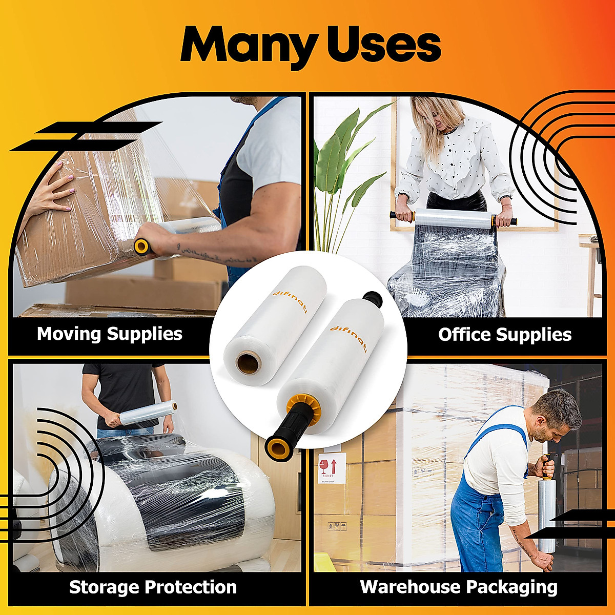 Difinati 2 Pk, Moving Wrapping Plastic Roll, 15 Inch x 1,200 Feet Heavy Duty, Furniture Wrap, Moving Wrap, Furniture Wrapping For Moving, Packing, Shipping Stretch Film With Handles, Clear