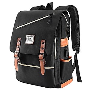 Mecrowd Vintage Laptop Backpack with USB Charging Port, Backpack for College School Student Fits up to 15.6 Inch Laptop Computer Backpack Casual Rucksack for Men Women (Black)