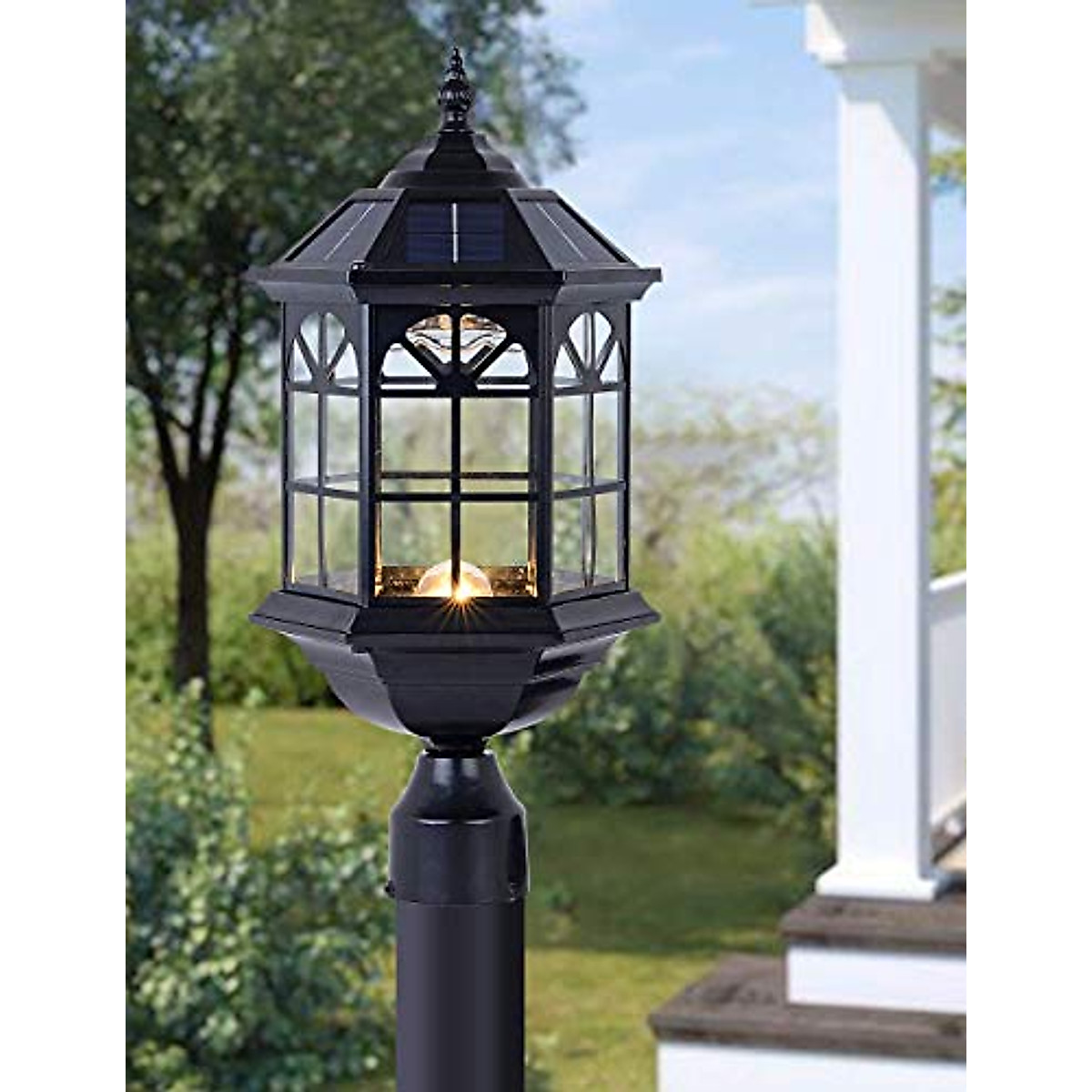 GYDZ Solar Post Light Fixture Outdoor Solar Pier Light, Solar Lamp Post Light for Garden, Patio, Vintage Design Die Cast Aluminum Post Light in Oil-Rubbed Black with Clear Glass, Hard Wired Available