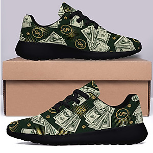 Sonzj-II Money Pattern Fashion Ultra Lightweight Running Sneakers Men Women 100 Dollar Bill Print Walking Tennis Shoes Black Size 8