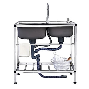 MARQI Stainless Steel Kitchen Sink,Double Bowl Sinks,Free Standing Sink Commercial,w/Cold and Hot Water Pipe Faucet,for Outdoor Garage Commercial Restaurant Kitchen Laundry Room. (Size : 74x41x75cm)