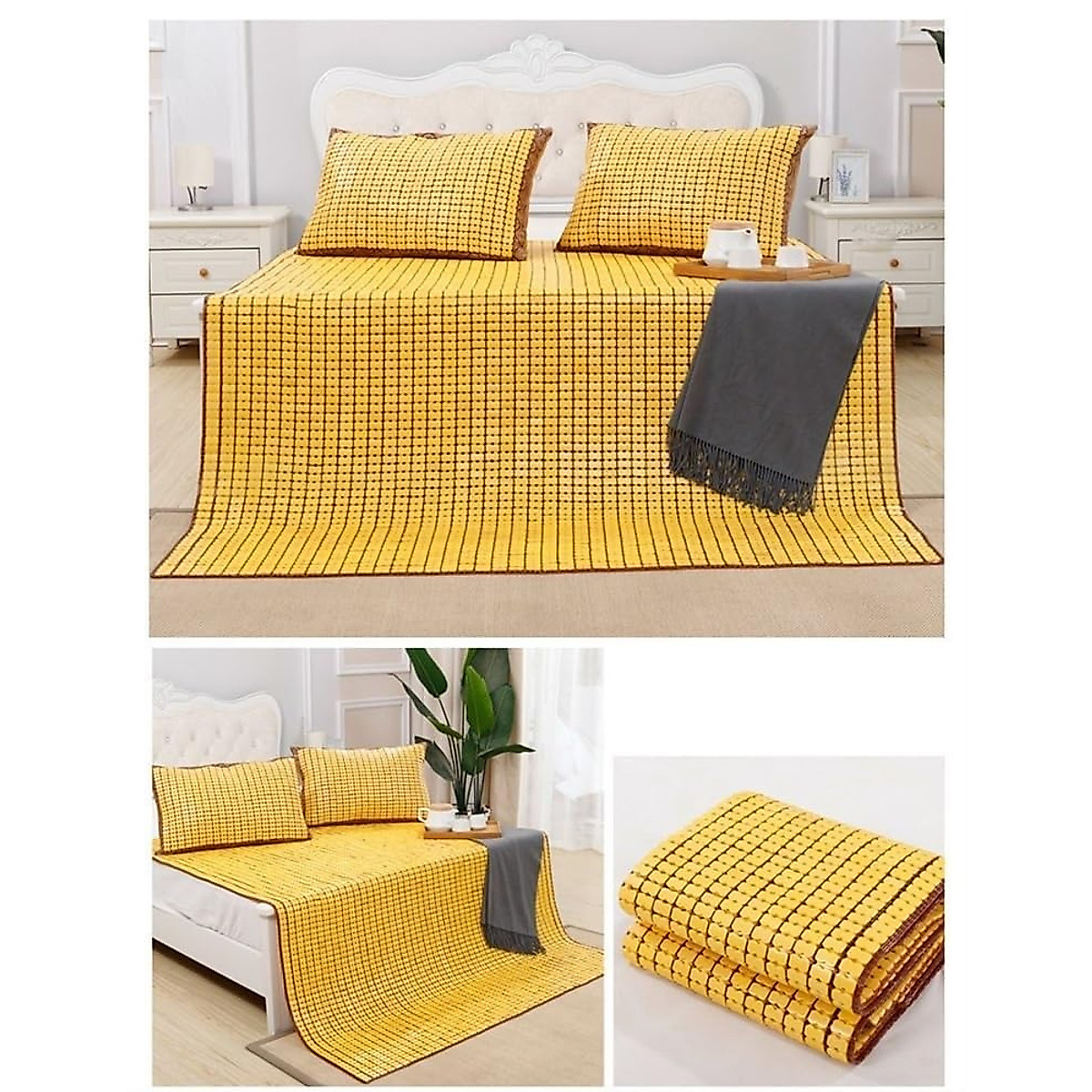 Double Cooling Bamboo Sleeping Mat, Foldable Carbonized Mahjong Mattress for Summer, Smooth Breathable Pad for Bedroom and Travel(Khaki,1.5 * 1.95m)