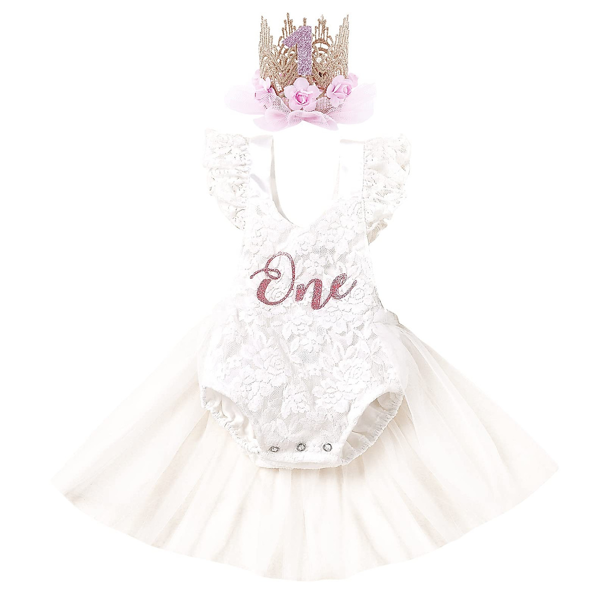 Baby Girl's 1st First Birthday Cake Smash Outfit Flutter Short Sleeve Lace Romper Tutu Tulle Dress Bodysuit with Crown Headband 2pcs Clothes Set One Year Old Party Photo Shooting Props White 9-12M