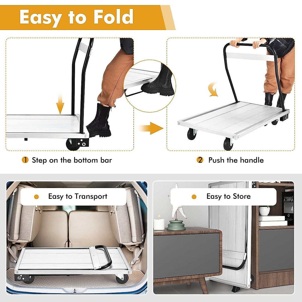 Goplus Folding Aluminum Platform Cart, 770 Lbs Moving Platform Truck Hand Cart with 360 Degree Swivel Wheels and Non-Slip Platform Surface, Flatbed Push Cart Dolly