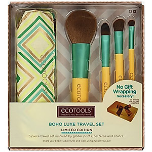Ecotools Limited Edition Bamboo Boho Luxe Travel Make Up Brush Set, With 4 Travel Size Brushes with Globaly Inspired Cosmetic Bag; Includes Card, Bow, and Box, Great Gift Edition