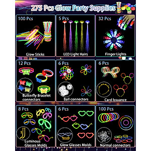 275 PCS Glow in the Dark Party Supplies for Kids Adults, Light Up Party Favors, Glow Sticks Bulk Party Pack Bracelets Finger Lights Glasses Headband LED Light Hair Wedding Birthday New Year Halloween