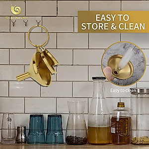 Snailhouse Small Funnels, 3 Pack Stainless Steel Mini Metal Food Funnel with Cleaning Brush Set for Filling Bottles Kitchen Use, Gold (1.78/2.16/2.95 in)