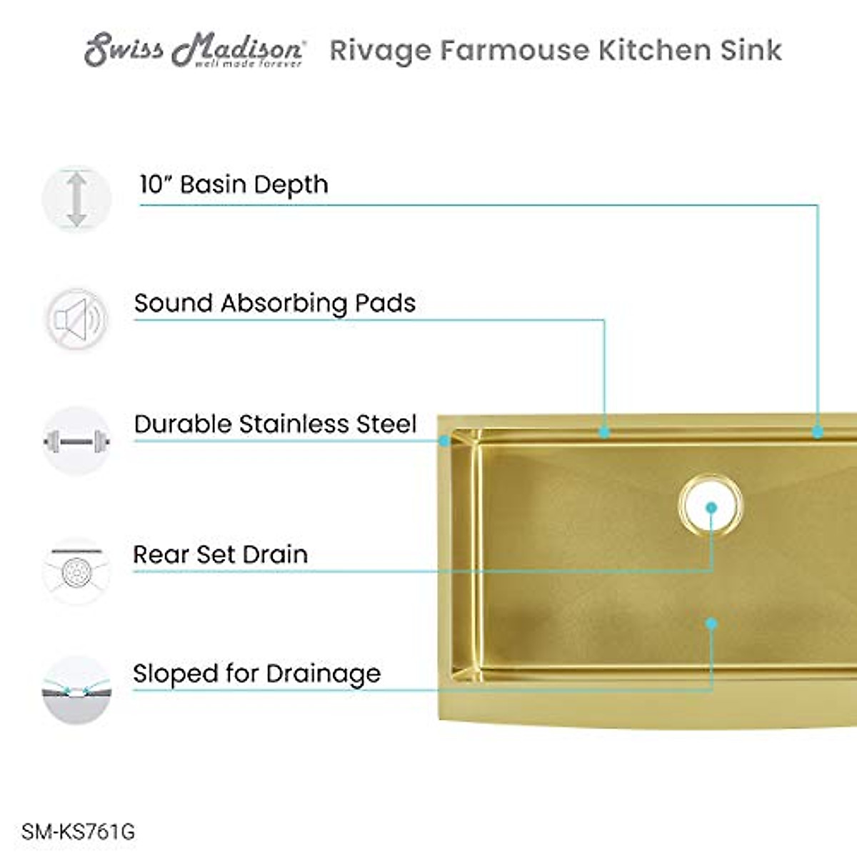 Swiss Madison Rivage 36 x 21 Stainless Steel, Single Basin, Farmhouse Kitchen Sink with Apron in Gold