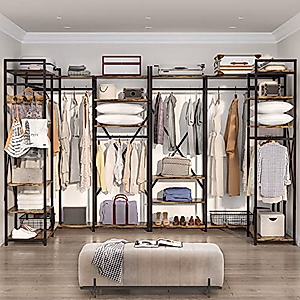 PAKASEPT L Shaped Garment Rack, L Shaped Closet Organizer, Freestanding Corner Clothes Garment Rack with 4 Hanging Rods and Open Shelves Heavy Duty Metal Clothing Rack for Bedroom