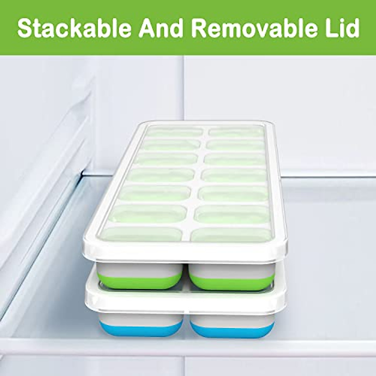 Ice Cube Tray, Silicone Ice Tray with Stackable and Spill-Resistant Lid, Easy Release Ice Cube Trays for Freezer, BPA Free Reusable Ice Trays for DIY Flavor (2 Pack)