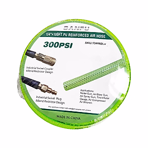 SANFU (PU) Polyurethane Air Hose Reinforced 1/4”ID(6.3 x 9.8mm) x 100ft, Anti-low temperature 300PSI with 1/4-Inch Swivel Solid Brass Quick Coupler and Plug, Emerald Green(100’)