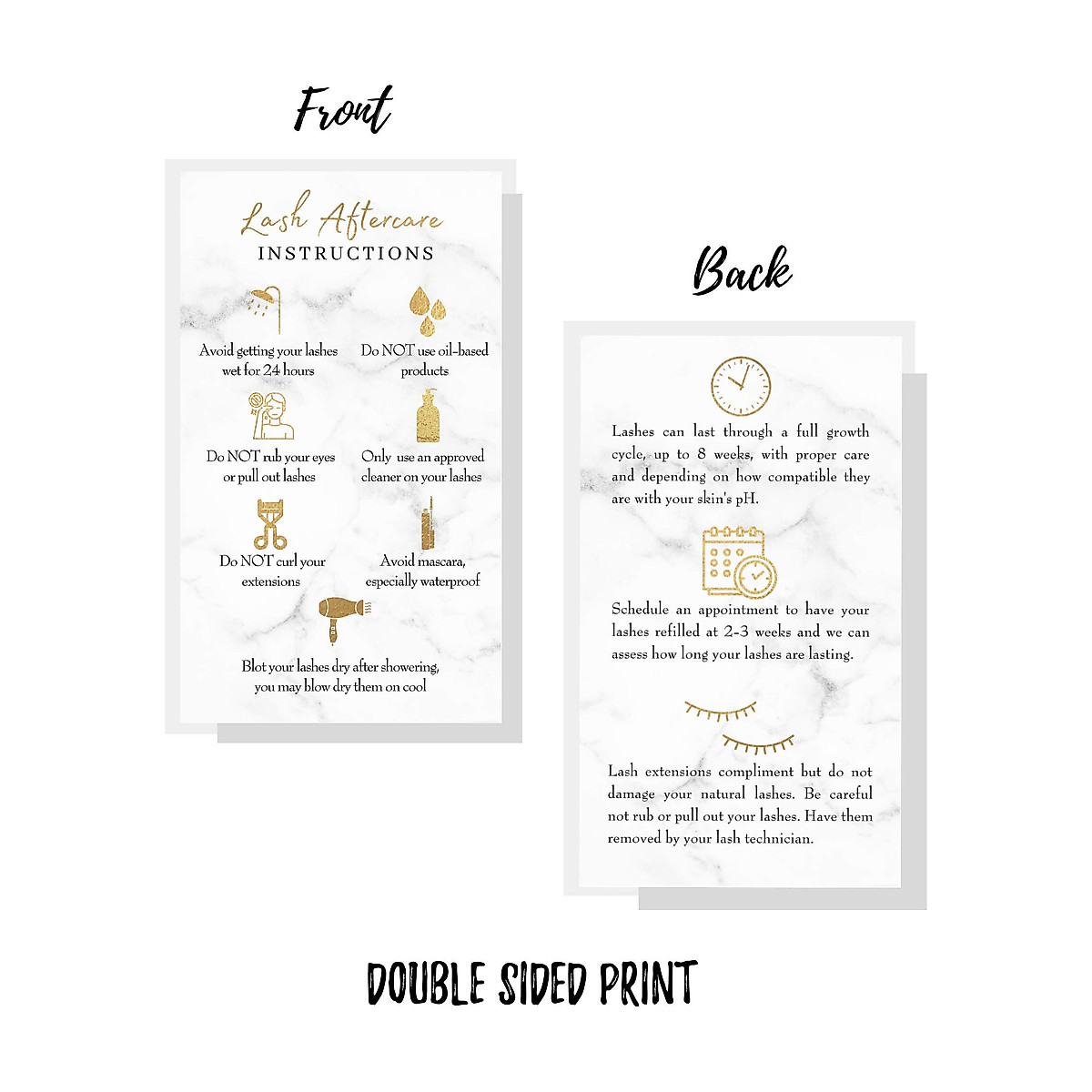 Lash Extension Aftercare Instructions Cards | 50 Pack | Double Sided Size 3.5 x 2" inches After Care (2-3 Week Fillers) | Marble Look with Gold Icons Design