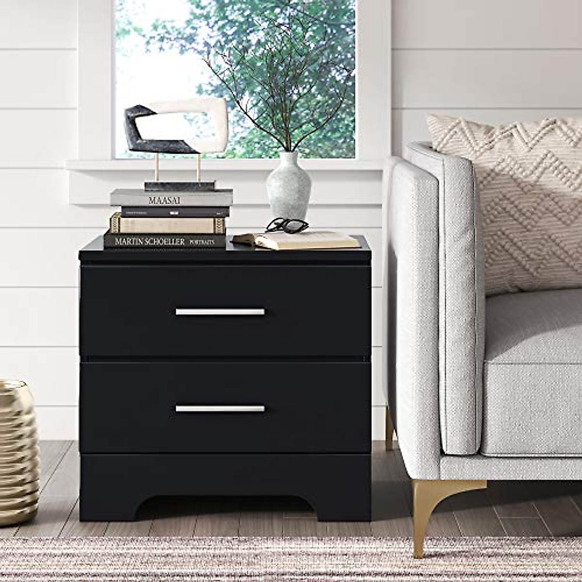 ClickDecor Hudson End Side Nightstand with 2 Drawers, Wooden Accent Table for Bedroom with Matte Chrome Handle, Black