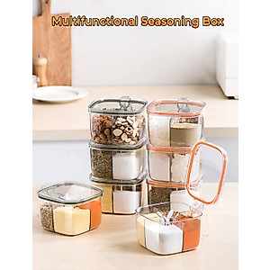 Clear Seasoning Box,4 Compartments Sealed Seasoning Box With Lid,Seasoning Box with Cover and Serving Spoons,Kitchen Condiment Jars,Plastic Seasoning Box Container Set to Storage Salt Pepper Powder