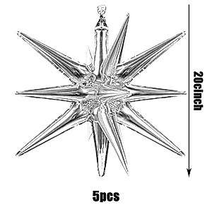 5 Pack 12 Point Foil Cone Balloons Starburst Cone Mylar Balloons Large Explosion Star Balloon for Wedding Birthday Party Photo Booth Decoration Supplies, Silver