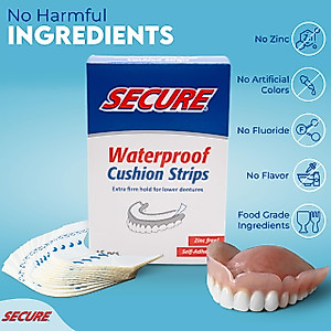 Secure Comfort Strips Waterproof Denture Adhesive - Zinc Free - Extra Firm Hold For Lower Dentures - 15 Strips