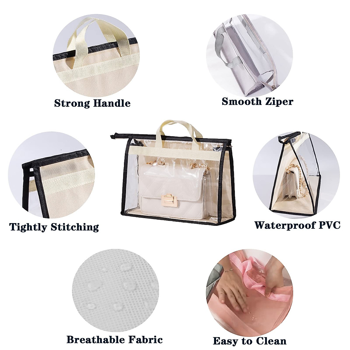 DOUBFIVSY 6 Pack Handbag Dust Bags, Transparent Handbag Storage Organizer Clear Purse Dust Cover for Closet Purse Protector Storage Bag with Zipper, Handles, 6pcs S Shaped Hooks (4)