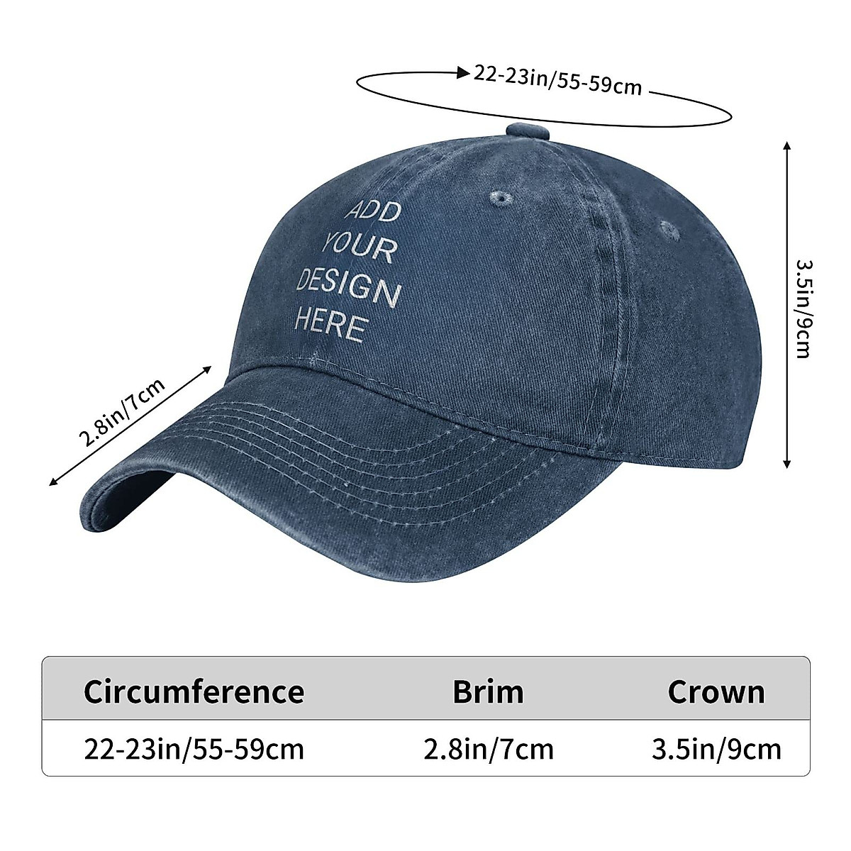 Custom Denim Hat for Men Personalized Design Your Own Text Name Logo Photo Hat Metal Adjustable Buckle Sweat-Absorbent Baseball Cap Washed Unisex (Navy)