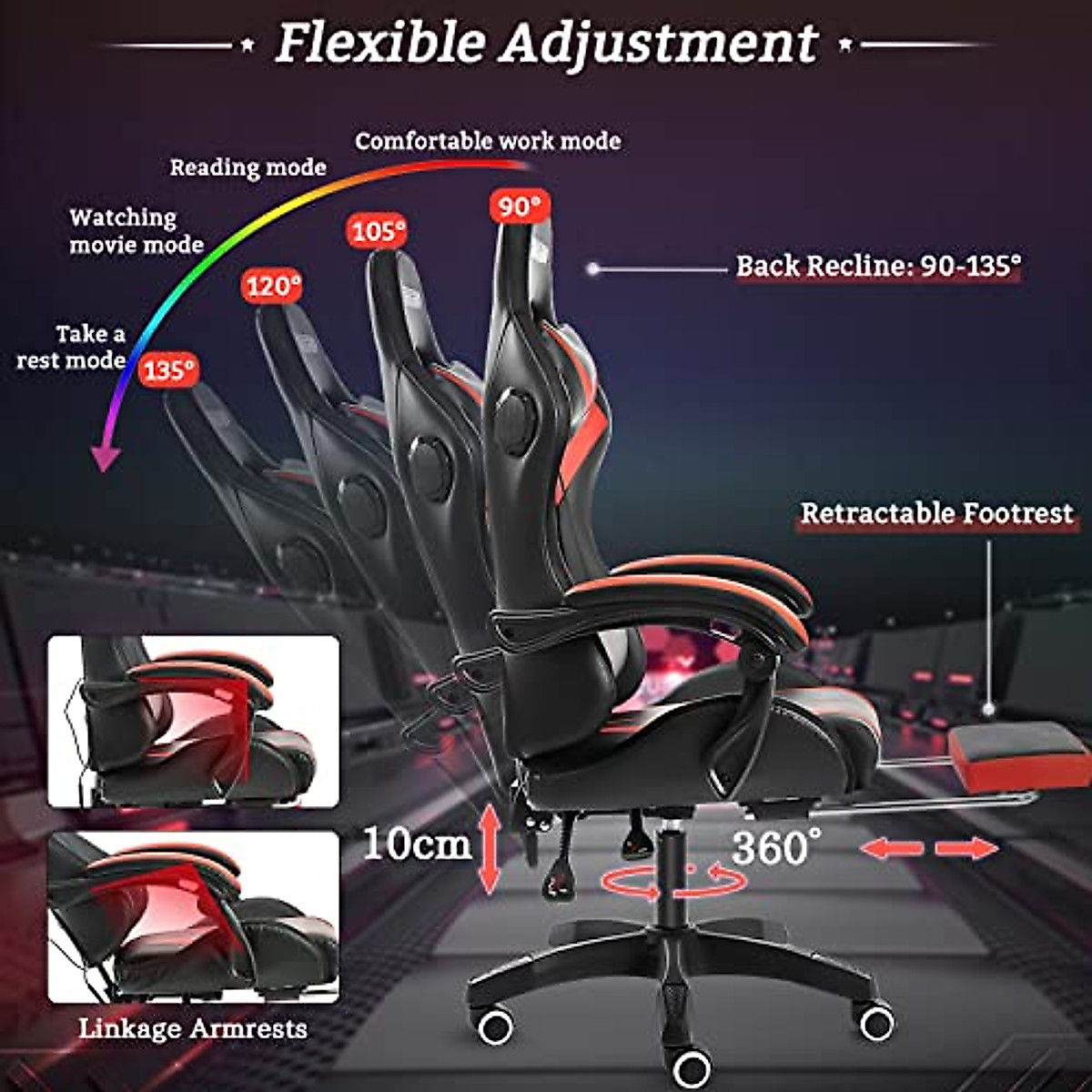 HOFFREE Gaming Chair with Bluetooth Speakers and Lights Ergonomic Computer Massage Gaming Chair with LED RGB Lights Footrest High Back Music Video Game Chair with Lumbar Support Red and Black
