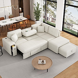 P PURLOVE Pull-Out Sofa Bed, Chenille L-Shaped Sectional Sofa Couch with a Movable Ottoman, 2 USB Ports and 2 Cup Holders for Living Room (Beige)