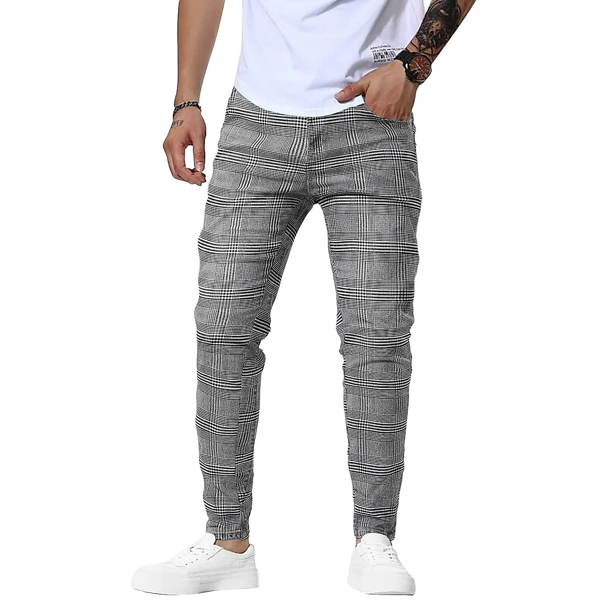 Woenzaia Men's Fashion Slim Fit Plaid Dress Pants Casual Skinny Chinos Pants Stretch Expandable Waist Golf Pants Checkered Travel Slacks(Dark Grey,32