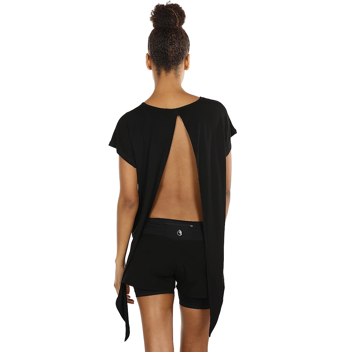 icyzone Open Back Workout Tops for Women - Athletic Activewear T-Shirts Exercise Yoga Shirts (Black/Pink Lychee, S)