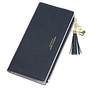 SUMGOGO Slim Wallet for Women Long Tassel Zipper Clutch Purse Handbag Card Case Wallet (Black)