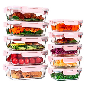 UMEIED 10 PACK Glass Food Storage Containers with Lids, Glass Airtight Meal Prep Container Set for Lunch, On the Go, Leftover, Kitchen Pantry Organizers and Storage, BPA Free & Leak Proof (Pink)