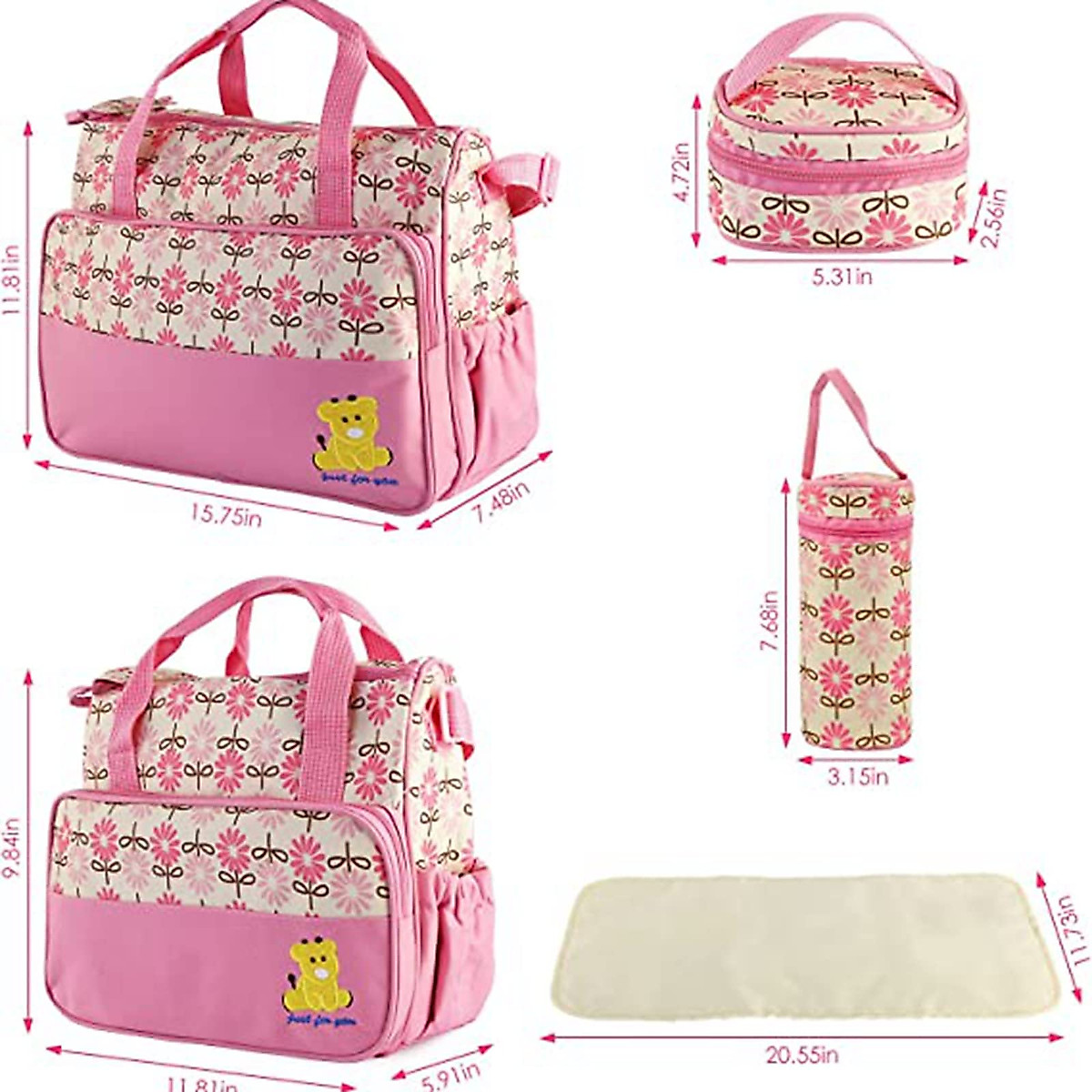 KOCASO 5PCS Baby Nappy Diaper Bags Set Mummy Diaper Shoulder Bags w/Nappy Changing Pad Insulated Pockets Travel Tote Bags For Mom Dad (Pink)