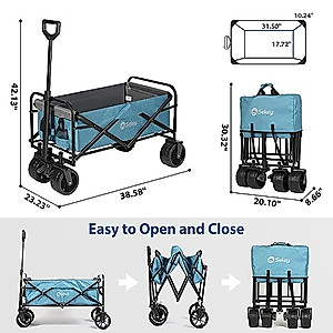 Sekey Heavy Duty Foldable Wagon with 220lbs Weight Capacity, Collapsible Folding Utility Garden Cart with Big All-Terrain Beach Wheels & Drink Holders.Light Blue