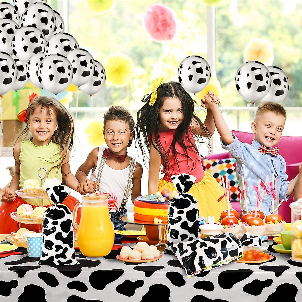 Lecferrarc 100 Pcs Cow Print Treat Bags Cow Cellophane Candy Bags Plastic Goodie Storage Bags Farm Animal Party Favor Bags with Twist Ties for Cow Theme Birthday Party Supplies