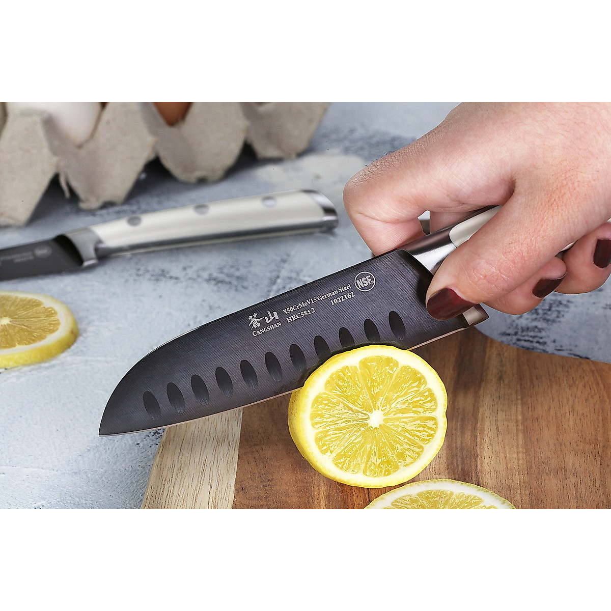 Cangshan S+ Series 1022100 German Steel Forged 2-Piece Titanium Coated Santoku Starter Knife Set with Sheaths, Vanilla White