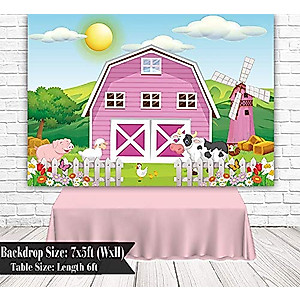 Funnytree 7x5ft Cartoon Farm Animals Party Backdrop Pink Barn Girl Baby Shower Birthday Photography Background Cow Grass Rustic Barnyard Scenic Banner Cake Table Decoration Photo Booth Props