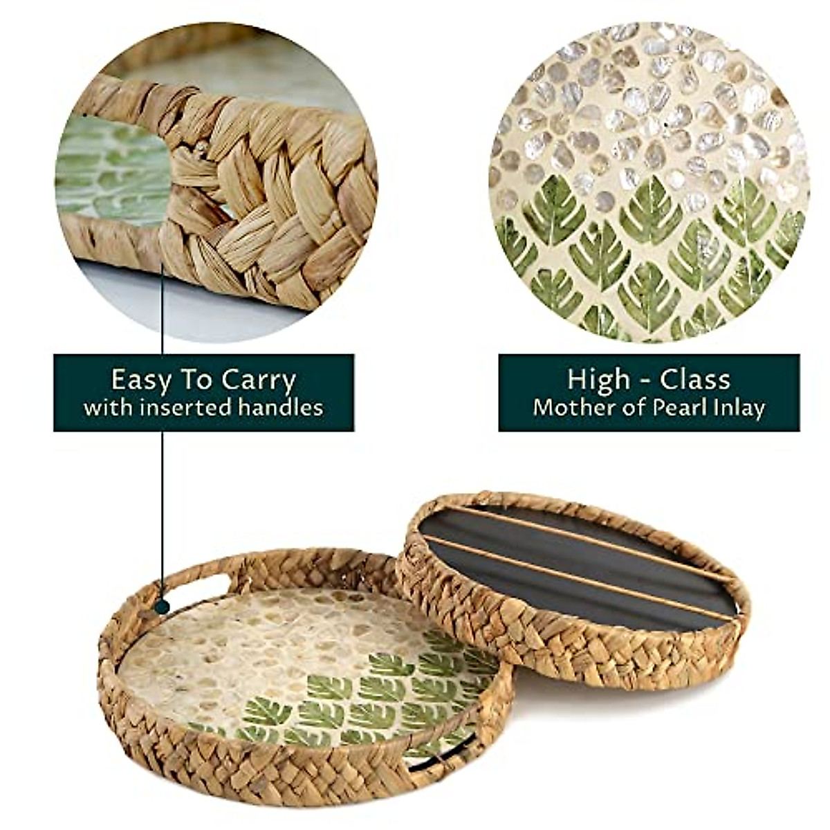 MadeTerra Round Seagrass Tray with Mother of Pearl Inlay Wooden Base Insert Handle, Decorative Nacre Serving Basket for Breakfast, Food, Coffee Table Decor, Decoration, Storage and Display (Set 2)